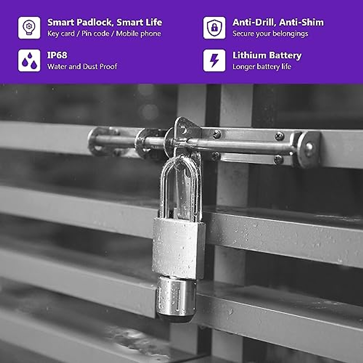 WAFERLOCK Outdoor Weatherproof Smart Padlock with Bluetooth App Control, Keycard, Pin Code, Ideal for Fence, Gate, Shed and Equipment Maintenance, Anti-Drill, Anti-Shim, Stainless Steel, C210