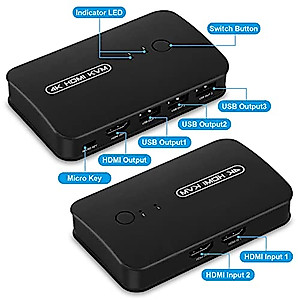DGODRT HDMI USB KVM Switch 2 Port Selector Box for 2 Computers Share Keyboard Mouse Printer and 1 HD 4K Monitor, 2 KVM Cables Included