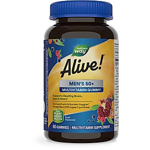 Nature's Way Alive! Men’s 50+ Daily Gummy Multivitamins, Supports Healthy Brain, Eyes, Heart*, B-Vitamins, Gluten-Free, Vegetarian, Fruit Flavored, 60 Gummies (Packaging May Vary)