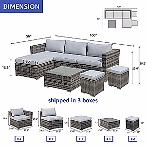 Patiorama 7 Pieces Outdoor Patio Furniture Set, Outdoor Sectional Conversation Set, All Weather Grey Wicker Rattan Sofa Set, W/Glass Table, Two Assembled Ottomans, Light Grey Cushions