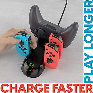 TALK WORKS 5-in-1 Game Controller Charger Station Compatible with Nintendo Switch + Switch OLED - Charging Dock for 4 Joy-Con Controllers & 1 Pro Controller - Includes 5-Foot USB-C Cable