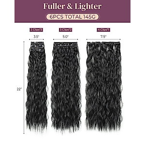 LONAI Clip In Hair Extensions, 6PCS 24" Black Hair Extensions Long Mermaid Waves Wavy Synthetic Clip On Hairpiece For Women（Black）