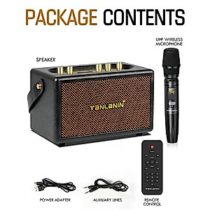 TANLANIN Vintage Bluetooth Speakers Rechargeable Portable Wireless Retro Style Leather Speakers 8H Long Playtime Bluetooth 5.0 Heavy Bass Music Player, TWS/USB/TF Slot/Remote Control/UHF Wireless Mic