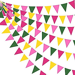 32Ft Hot Pink Green Yellow Pennant Banner Fabric Triangle Flag Bunting Garland for Flamingo Aloha Tropical Luna Hawaiian Jungle Summer Wedding Birthday Party Outdoor Garden Hanging Decoration