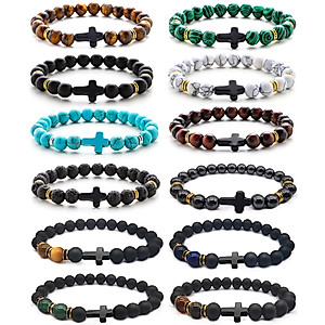 CASDAN 12Pcs Cross Beads Bracelet for Men Women 8mm Lava Tiger Eye Stone Stretch Bracelets Set