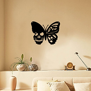 CREATCABIN Skull Metal Wall Art Butterfly Decor Wall Hanging Plaques Ornaments Iron Wall Art Sculpture Sign for Indoor Outdoor Home Livingroom Kitchen Garden Office Decoration Gift Black 6.3 x 7.9inch