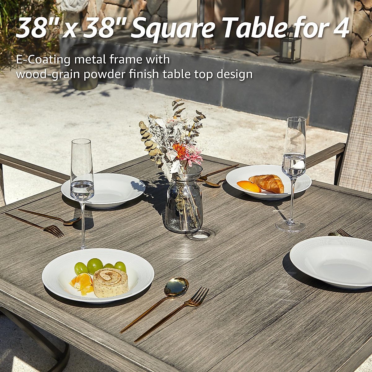 NATURAL EXPRESSIONS Patio Swivel Dining Set of 5, 4-Piece Mesh Sling High Back Chairs, 1-Piece 38" Square Woodgrain Steel Dining Table with 1.65'' Umbrella Hole for Outdoor Garden Yard