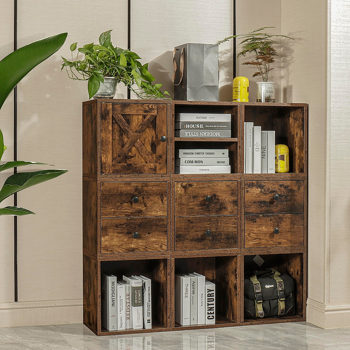 FUSUNBAO Magic DIY Cube Storage Organizer Stackable Cubes for Home Books Clothes Toy -Modular Cubby Storage System -Closet Organizer -Bookcase Closet (Antique Brown, Door Cube)