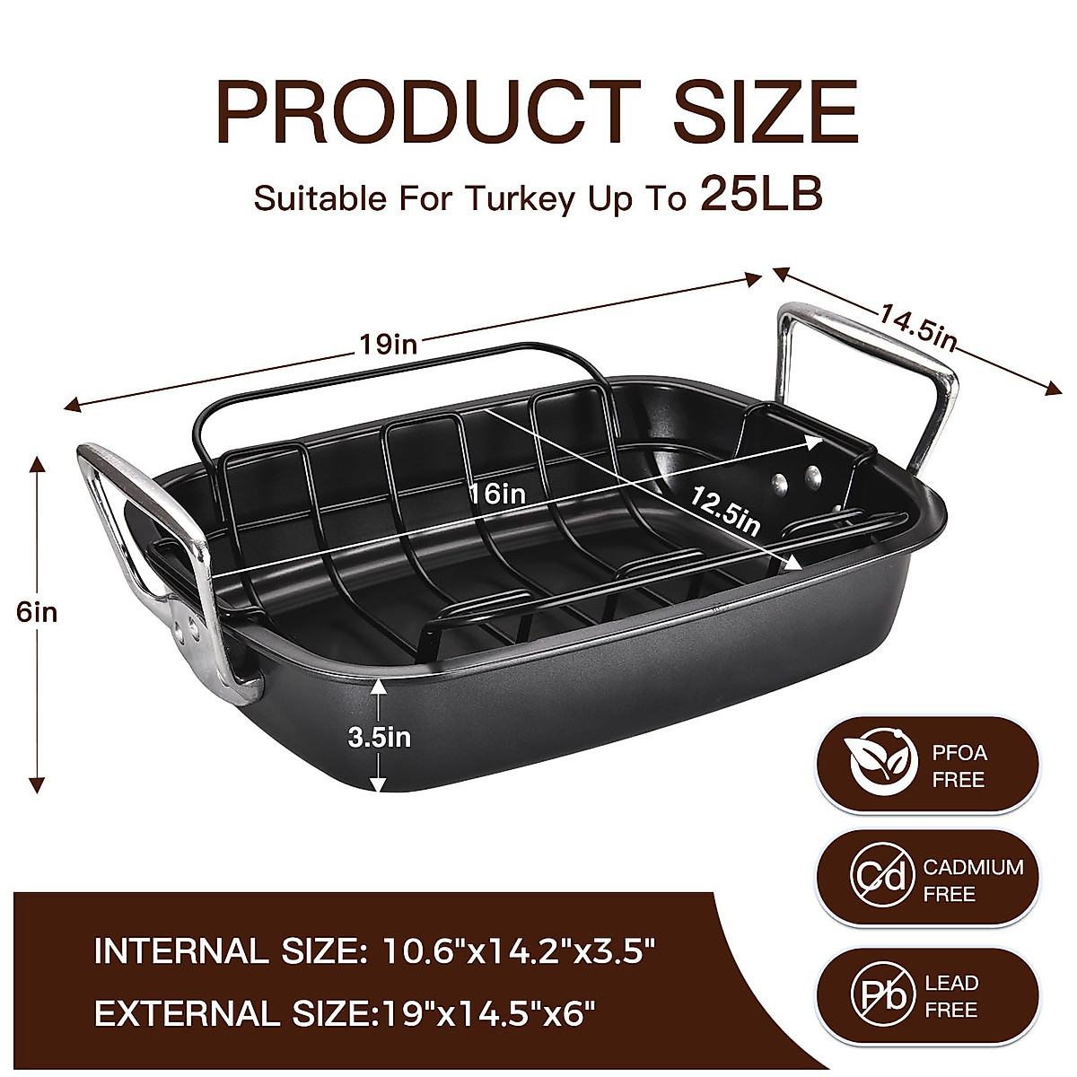 HONGBAKE Nonstick Turkey Roasting Pan with Rack, 17 x 13 Inch Large Chicken Roaster Pan for Oven, Suitable for 25lb Turkey, Heavy Duty, Dark Grey