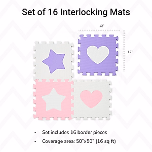 Tadpoles Hearts and Stars Foam Playmats for Kids, 16 Interlocking Foam Tiles, Waterproof, Durable, and Long-lasting | Total Floor Coverage 50” x 50” | For Ages 3 and Up | Pink, Purple, and White