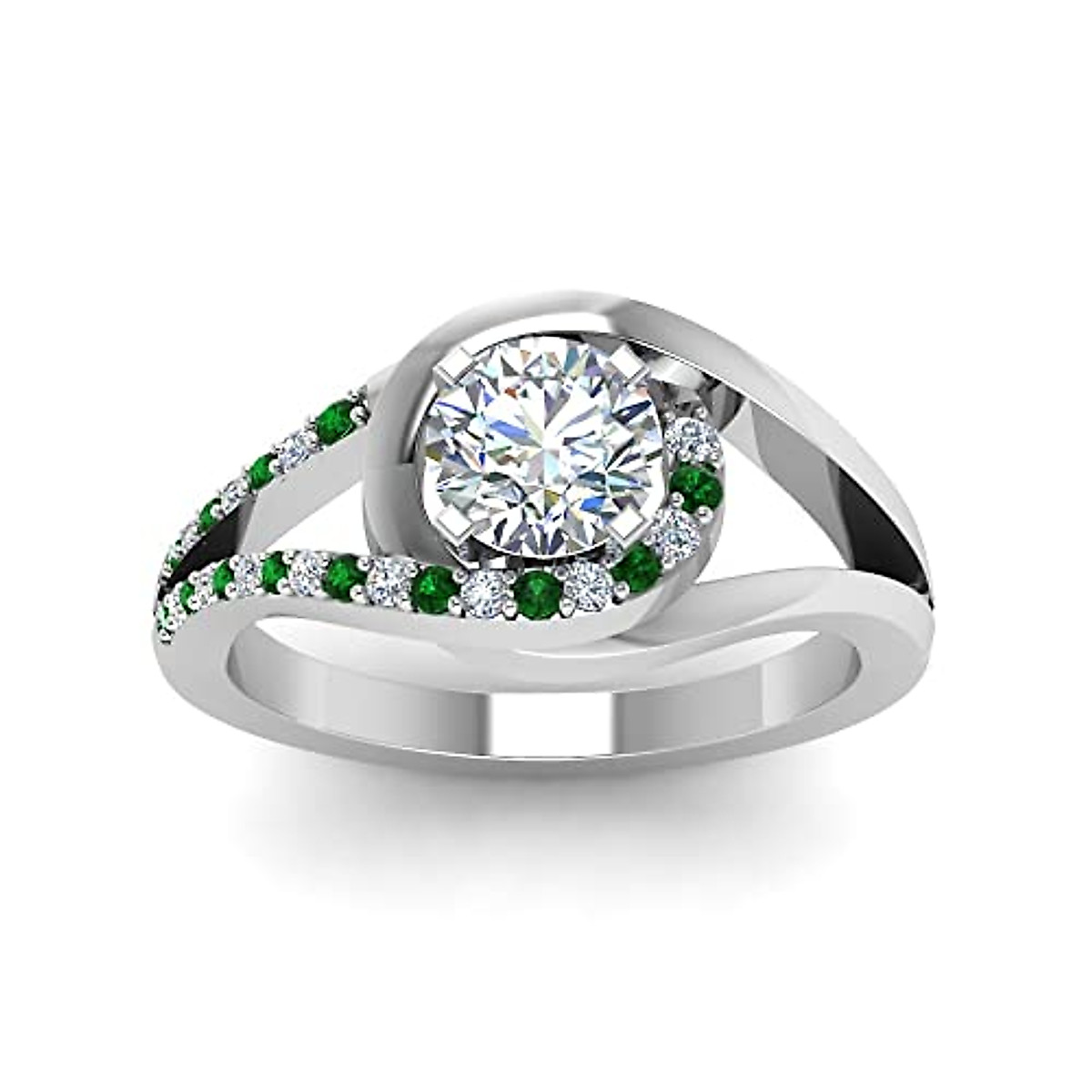 JewelryGift Swirl Split Diamond Ring for Women Sterling Silver Created Emerald Round Shape Green Color Split Shank Engagement Ring Prong Setting in Size 8 Handcraft Chakra Healing