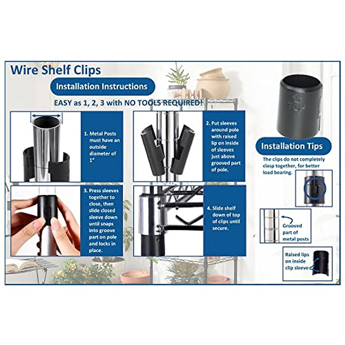 JSP Manufacturing 1" Diameter Post Wire Shelf Clips Shelving Split Sleeves Lock Metal Rack Locking Plastic 24 Pairs (48)