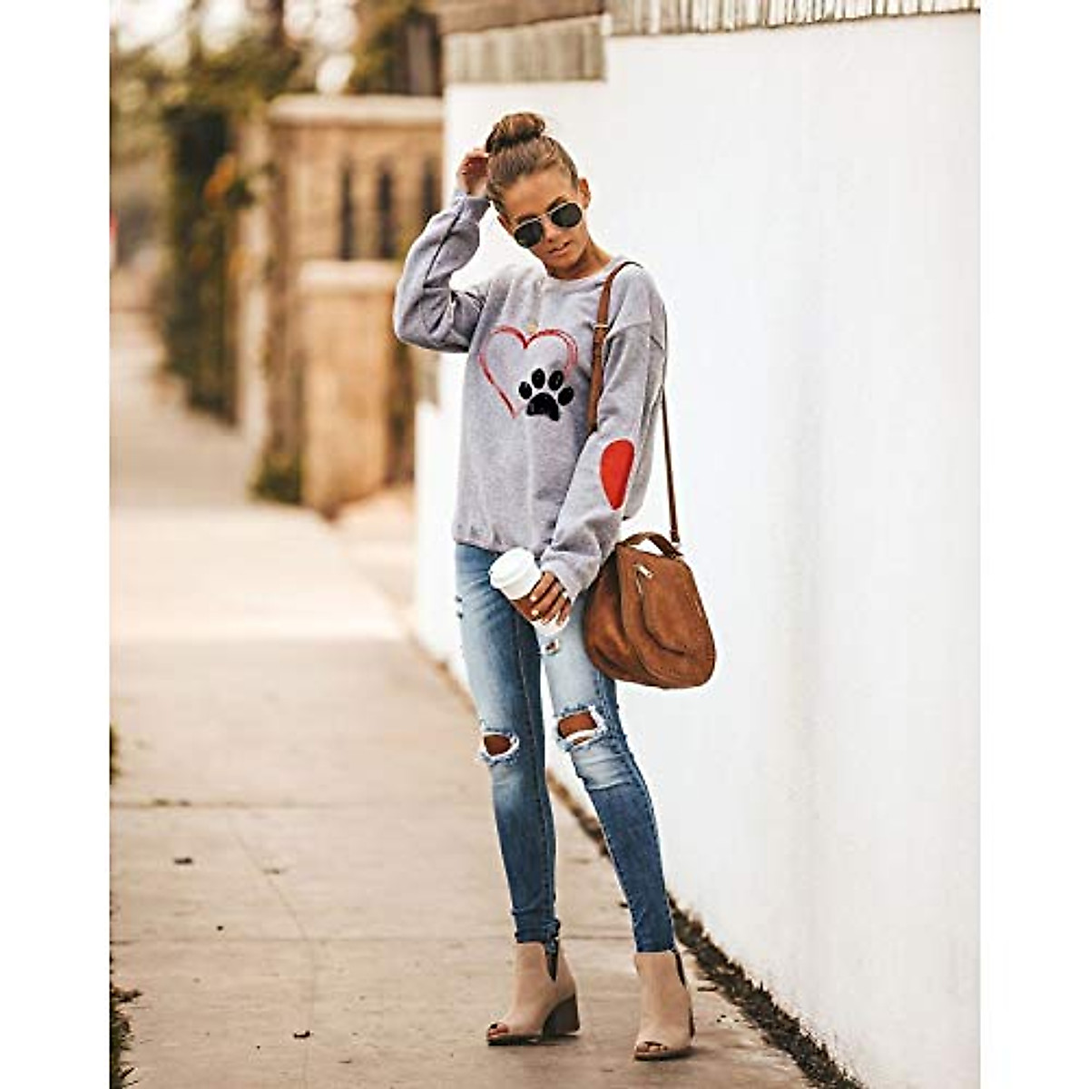 Love Heart Dog Paw Print Sweatshirts Women Long Sleeve Pullover Tops Casual Blouse Mother's Day Gray X-Large