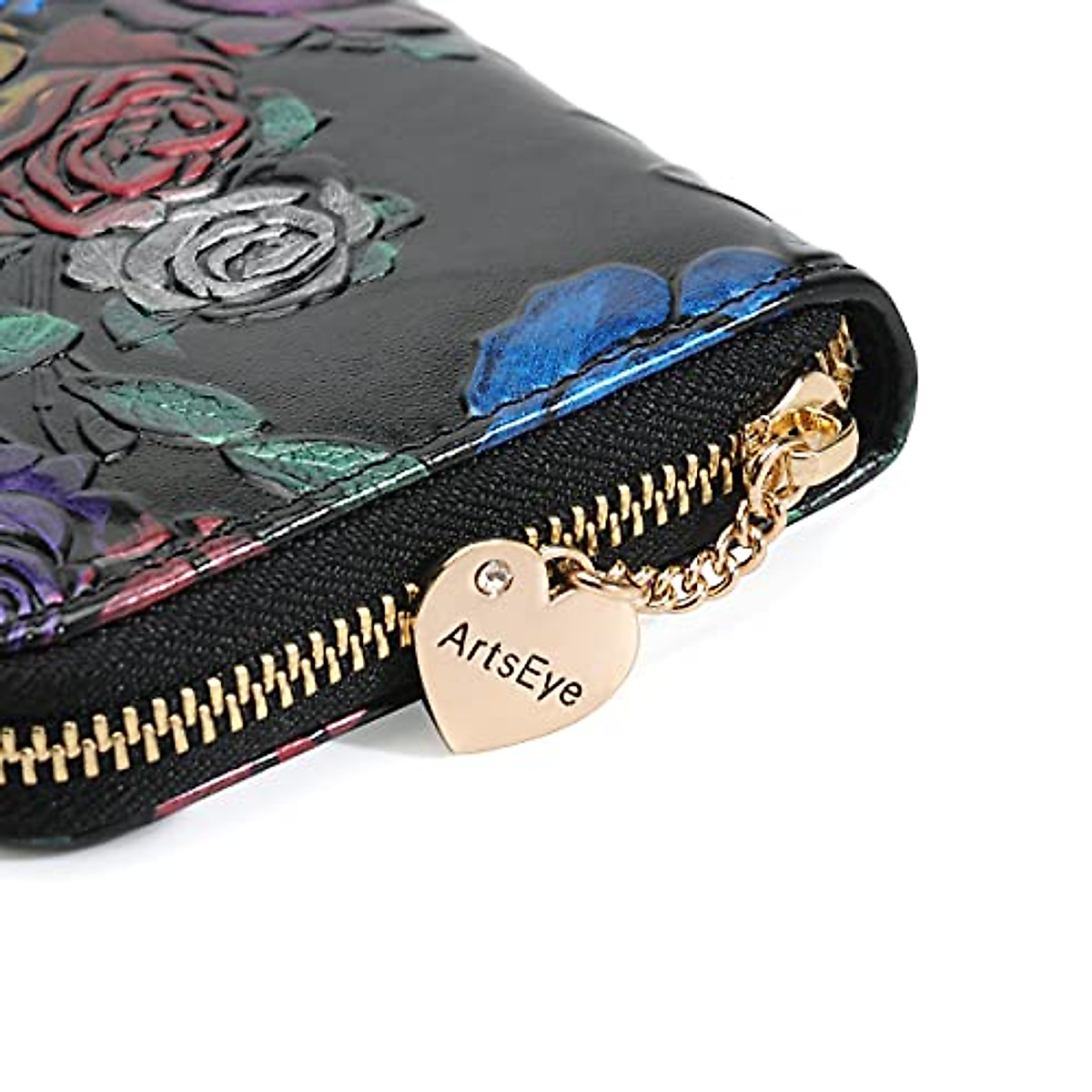 ArtsEye Women's Short Zip Around Wallet (black rose)