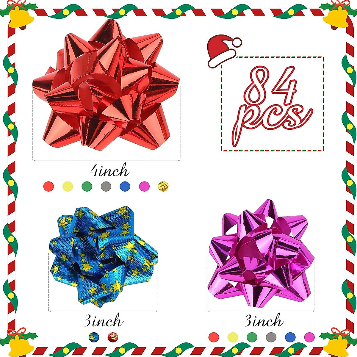 Shindel Christmas Gift Bow, 84PCS Holiday Bow Set Christmas Print Bows for Christmas decoration, Gift Basket, 3-4 inches