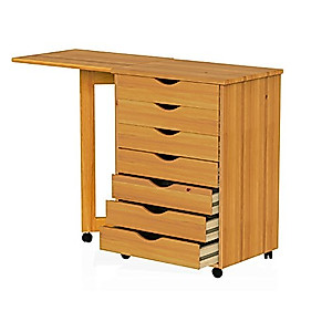 Adeptus Original Drop Leaf Roll Cart with Desk, Sold Wood, 7 Drawer Extra Wide Drawers Roll Carts, Medium Pine