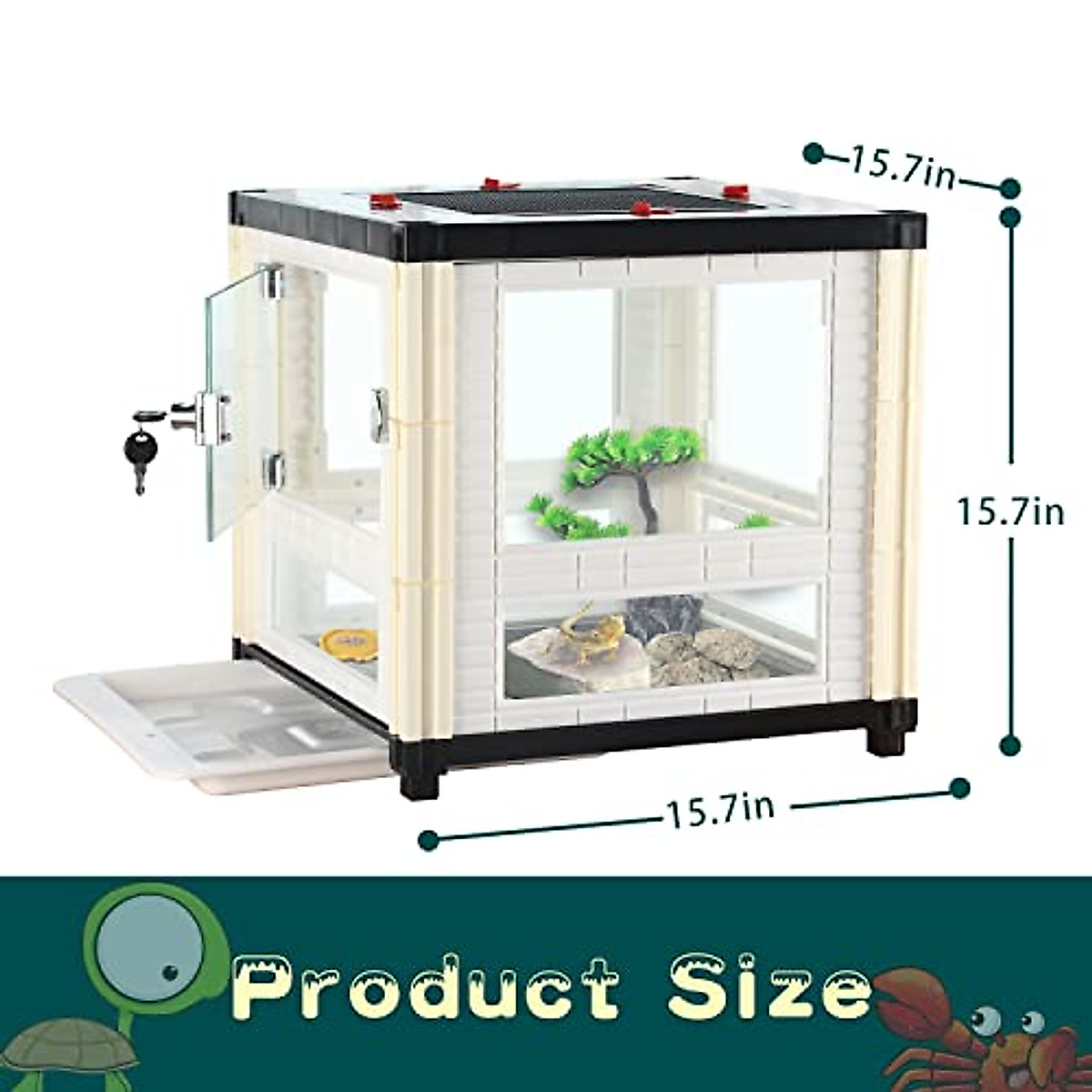 crapelles [Large Reptile Tank], Pet Cage Terrarium with Glass Window, Front Opening Door with Top Screen Ventilation, Reptile Terrarium Habitat for Reptiles Amphibian 15.7" x 15.7" x 15.7"(Knock-Down)