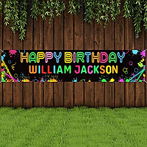 Pajean Customize Personalized Glow in The Dark Birthday Backdrop Custom Neon Banner Happy Birthday Party Decorations Make Your Own Glow Banner DIY Colorful Graffiti Banner Birthday Party Decor