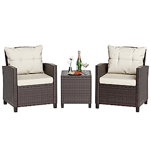 JAMFLY 3 Pieces Patio Furniture Set All-Weather Outdoor Wicker Conversation Bistro Set, Outdoor Patio Furniture Chairs with Tempered Glass Table for Porch Bistro Balcony, Beige