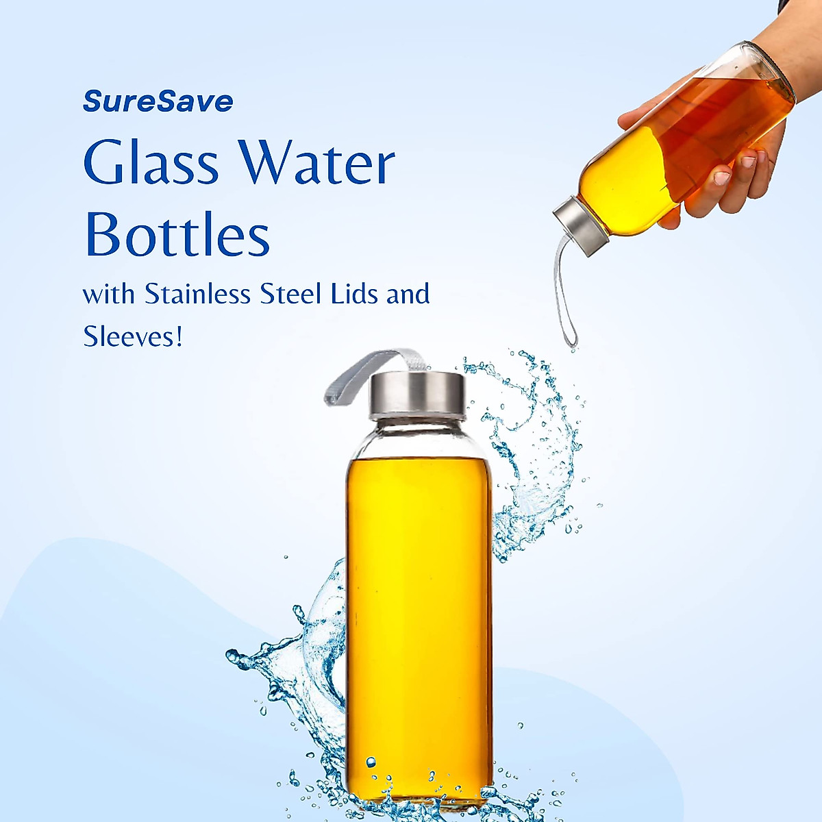 SureSave Glass Water Bottles with Stainless Steel Lids and Sleeves | 16 Oz Reusable Glass Bottles with Carrying Loop for Eco-Friendly Travel Drinks and Beverages (12 Pack)
