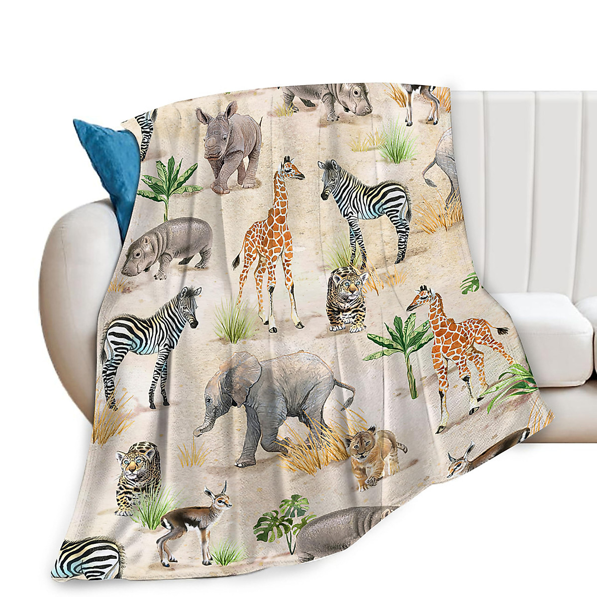 Zoo Animals Blanket African Safari Animals Elephant Tiger Giraffe Zebra Rhinoceros Decor Throw Blanket Gifts for Girls Boys Women Super Warm Soft Plush Fleece Flannel Blanket for Kids Adults 50"X40"