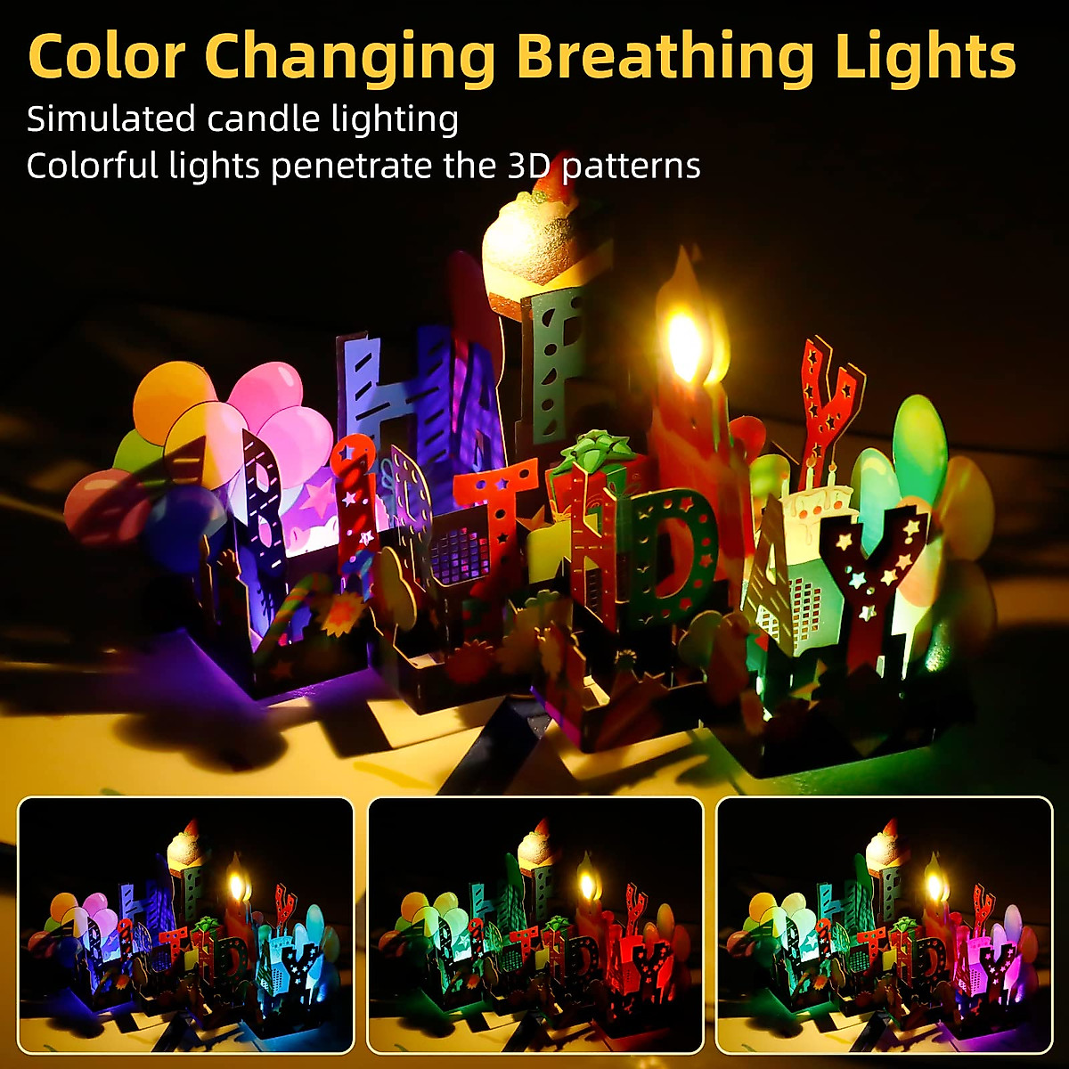 BlueDex Birthday Card, 3D Lights and Music Pop Up Birthday Card, with Blowable LED Candle and Colorful Breathing Lights, Birthday Cards for Women Men Husband Wife Kids Mom Dad