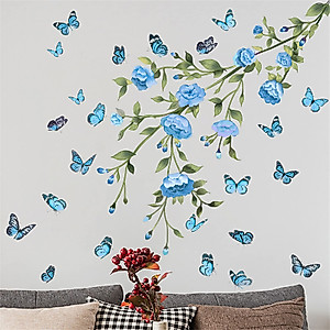 Ellis Kas Branch Blue Flower Wall Sticker Butterfly Wall Sticker Butterfly Removable Vinyl Home Stickers Murals Art Decor for Living Room Nursery Room Bedroom Office Bathroom