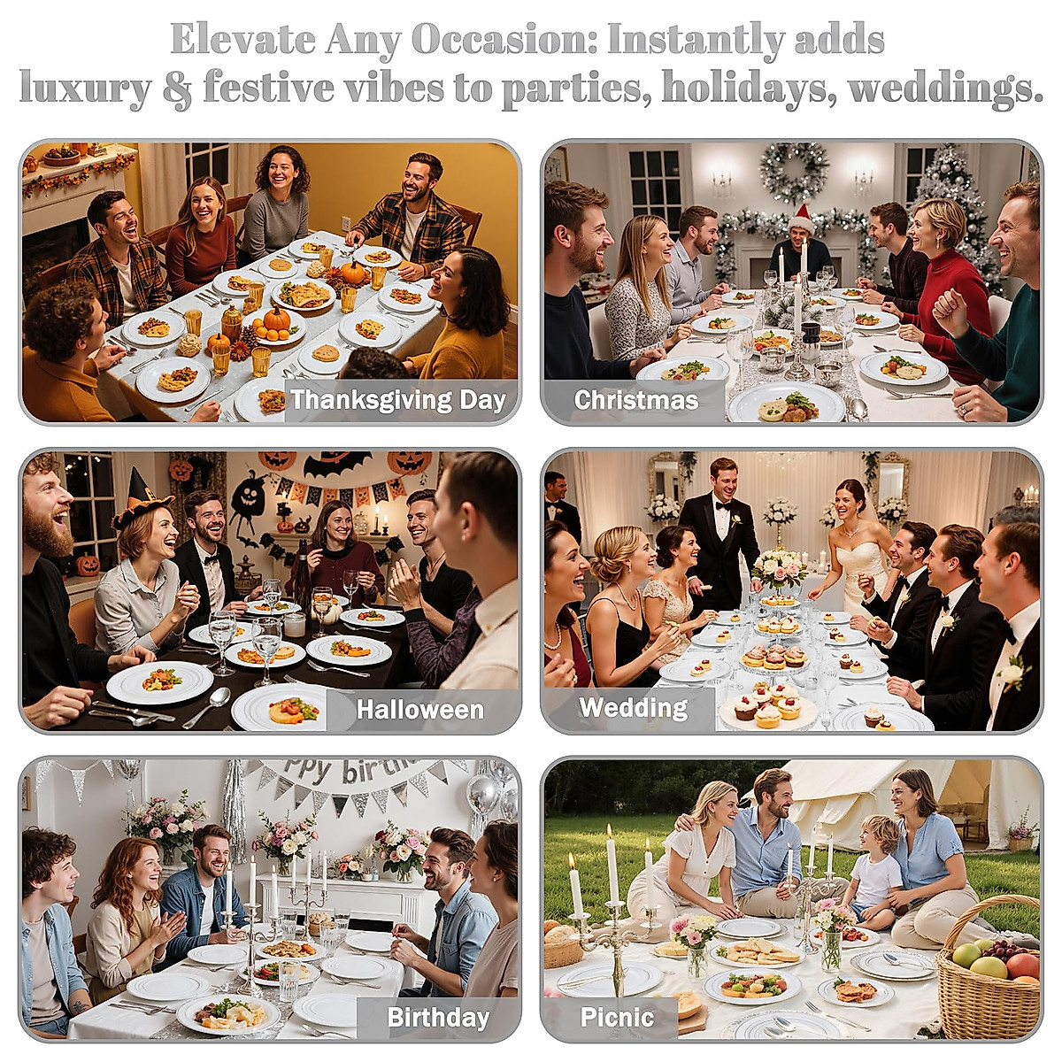 WELLIFE 350Pcs Silver Plastic Plates with Disposable Silverware and Cups, Include: 50 Dinner Plates 10.25”, 50 Dessert Plates 7.5”, 50 Silver Rim Cups 9 OZ, 50 Pre Rolled Napkins Packed in