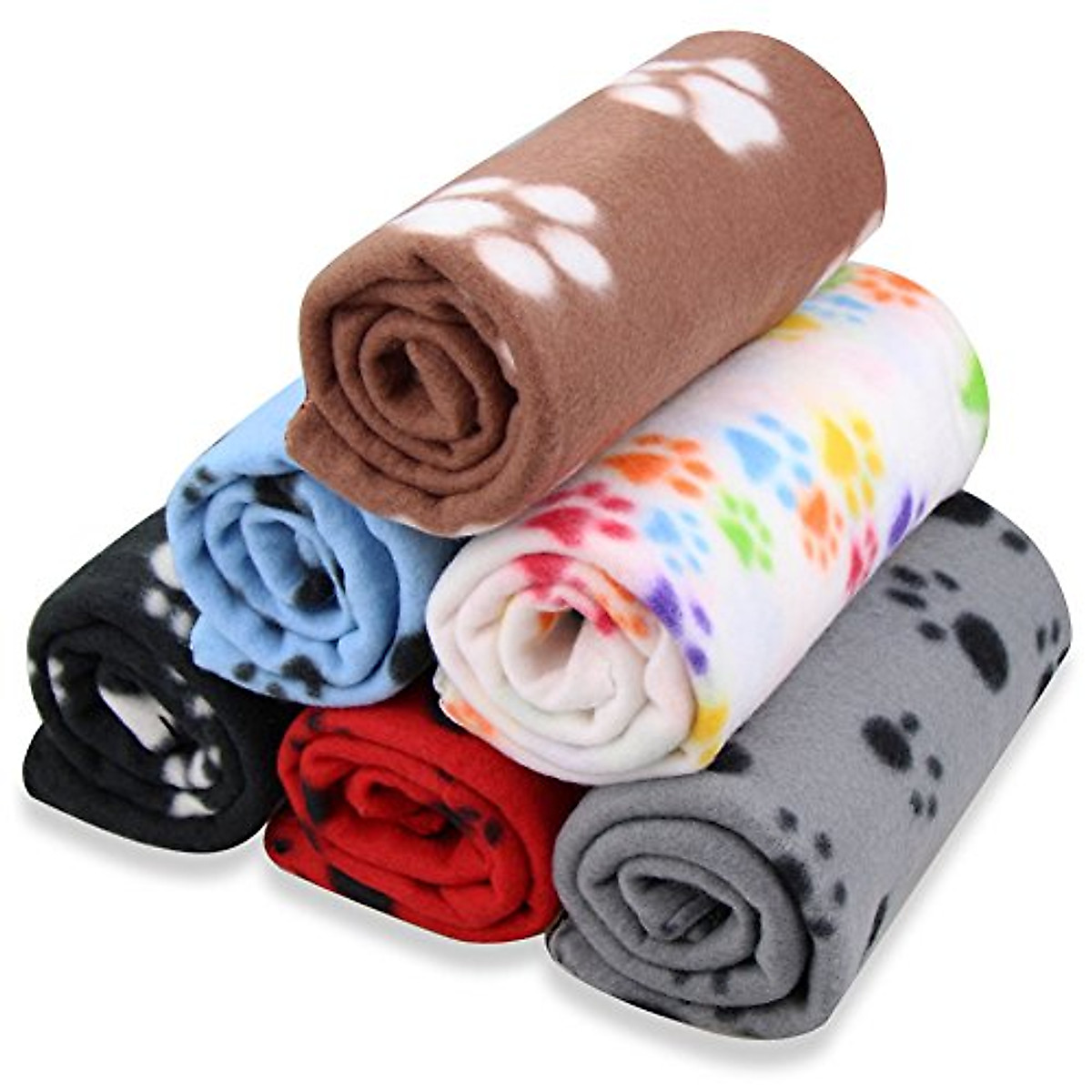 Eagmak Cute Dog Cat Fleece Blankets with Paw Prints for Kitten Puppy and Small Animals Pack of 6 (Black, Brown, Blue, Grey, red and White)