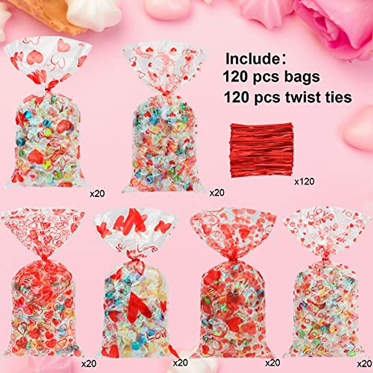 Konsait Valentine's Day Heart Love Cellophane Treat Bags, 120 Pcs Red Heart Love Candy Wrapper Bags with Twist Ties for Baby Shower Birthday Party Favors Valentines Cookies Goodie Gift Bags