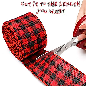 2 Rolls Wired Edge Ribbons Buffalo Plaid Burlap Ribbon Farmhouse DIY Gift Wrapping Crafts for Christmas Bow Wreath Tree Decoration (Red Black Plaid, 2.5 Inch Wide, 39.3 Feet)