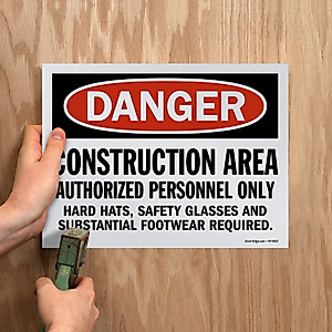 SmartSign 5-Pack 9" x 12" 'Construction Area, Authorized Personnel Only, Hard Hats/Safety Glasses Required' OSHA Signs, Screen Printed, 10 mil Polystyrene Plastic, Red/Black/White, USA-Made