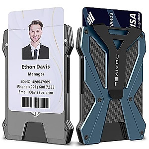 Poaivel Men's Minimalist Credit Card Holder, Metal Money Clip Wallet with Clear ID Badge Holder, Carbon Fiber Wallet, Ultra-Thin Tactical Wallet, Holds 16 Cards Plus Cash (Navy Blue)