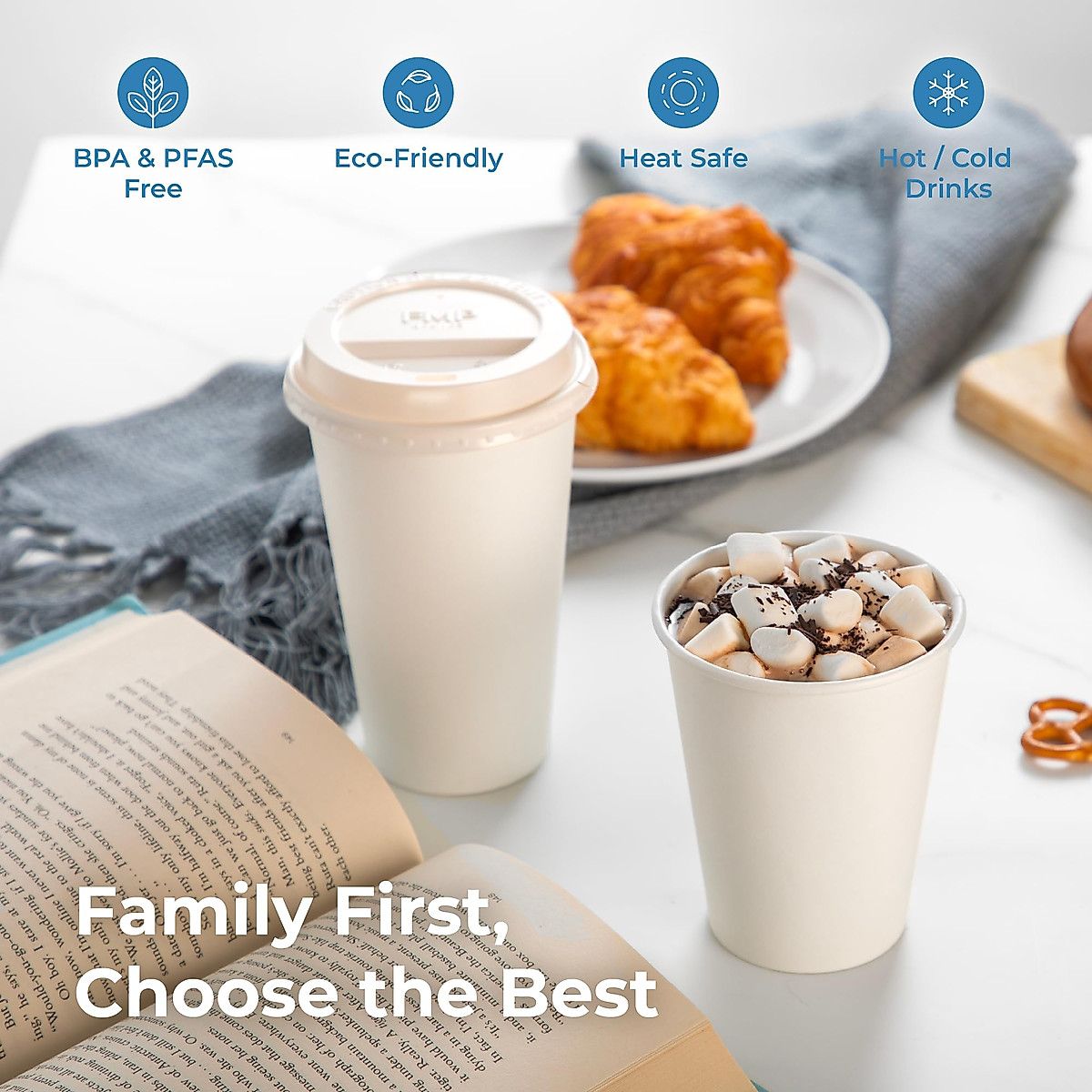 Fit Meal Prep 100 Pack 20 oz Disposable Paper Coffee Cups, Premium Hot Cups for Hot/Cold Beverage, Durable Thickened White Paper Cup Bulk for Party, Office, Bussines, Cafes, Bistros, Daily Use