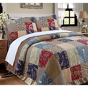 Cozy Line Home Fashions Sanders Red Navy Blue Brown Floral Print Real Patchwork, 100% Cotton Reversible Coverlet, Bedspread, Quilt Bedding Set (Red/Navy, King - 3 Piece)
