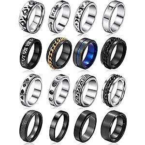 Stainless Steel Band Rings for Men, Sliver Fidget Rings for Anxiety for Women, Cool Plain Spinner Ring Set, Black Mens Wedding Band Ring Pack (10)