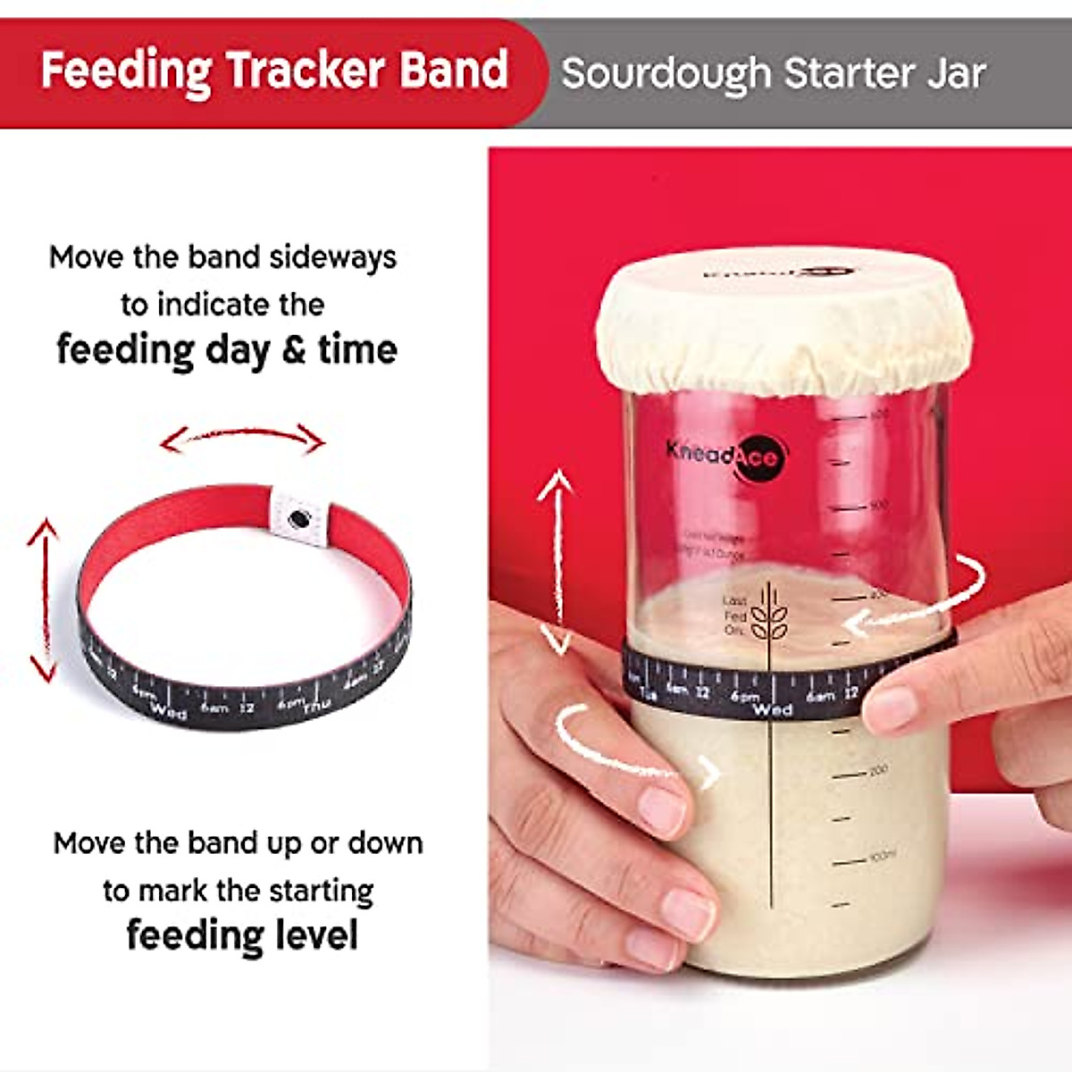 KneadAce Sourdough Starter Jar With Date Marked Feeding Band, Thermometer, Sourdough Jar Scraper, Sourdough Container Sewn Cloth Cover & Metal Lid, Sourdough Starter Kit For Sourdough Bread Baking