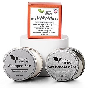 /liv/ Nature Shampoo Bar and Conditioner Set with Travel Case | Volume and Moisture for Dry Hair | Orange, Ylang Ylang, Argan Oil | Made in USA | 2-pk
