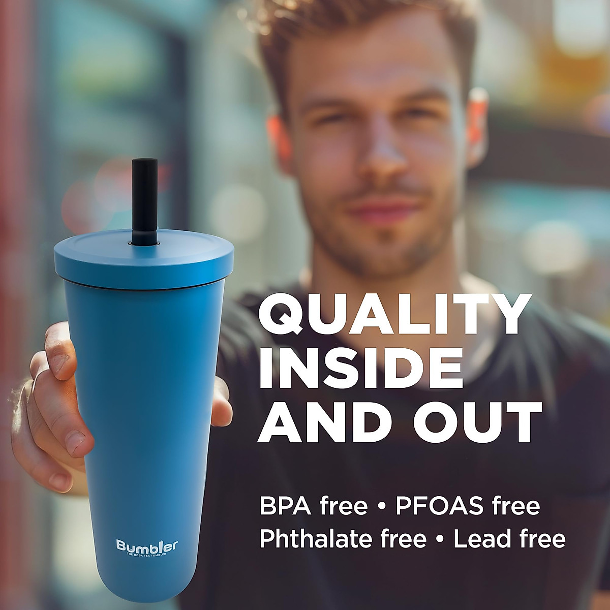 Stainless Steel Bubble Tea Cup - Bumbler 24oz Large Reusable Eco-Friendly Tumbler with Wide Soft Tip Metal Straw, Leak-Proof Lid - for Boba, Smoothies, Iced Coffee, Hot or Cold Drinks - Blue Eclipse