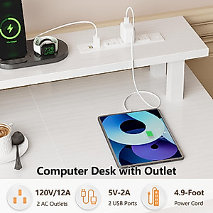 Furologee 61 Inch Desk with 4 Drawers, Computer Desk with Power Outlets and LED Lights, Office Desk with Long Monitor Stand, Large Gaming Desk with Shelf for Home Office/Bedroom/White