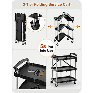 HIMIX Foldable Utility Carts with Wheels, 3-Tier Holds 240lbs Folding Rolling Cart with Fixed Rope, Collapsible Service Cart for Home, Office, Garage, and Warehouse - No Assembly Required