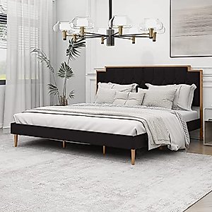 AGARTT Upholstered Platform King Size Bed Frame with Headboard Premium Stable Wood Slat Support No Box Spring Required Black