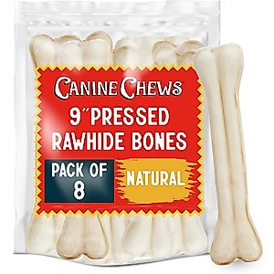 Canine Chews Pressed Rawhide Bones for Large Dogs - 9" Long Lasting Dog Chews - Compressed Beefhide Large Dog Chew Bones - Chew Toy Dog Bones - Raw Hide Bones Dog for Aggressive Chewers (9 inch, 8pk)