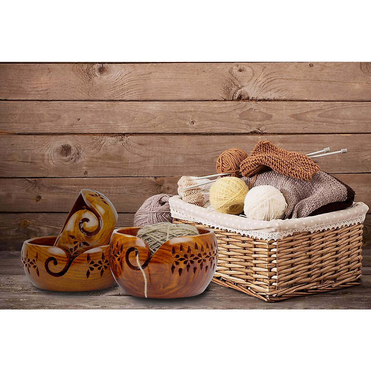 Nagina International Rosewood Crafted Wooden Yarn Storage Bowl With Carved Holes & Drills | Knitting Crochet Accessories (Set)