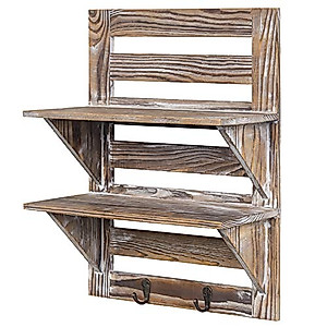 MyGift 2-Tier Torched Whitewashed Wood Wall Mounted Shelf Rack with Key Hooks, Entryway Storage Display Shelves, Bathroom Shelving and Towel Hooks, 7 x 13-Inches