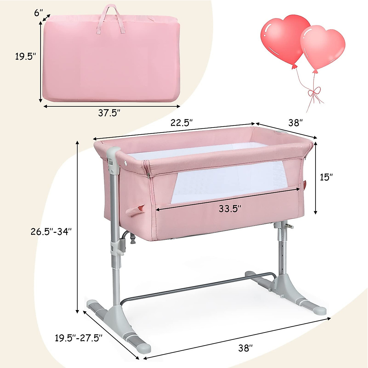 INFANS Baby Bassinet Bedside Crib, Newborn Bedside Sleeper Crib for Infants, Adjustable Height, Breathable Mesh, Detachable Washable Mattress, Portable Bassinet with Carrying Bag (Pink)