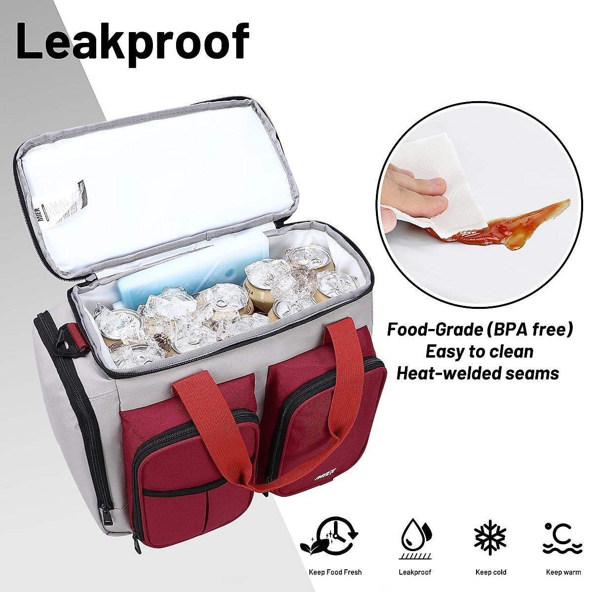 MIER Lunch Box for Men Heavy Duty 20 Cans Large Insulated Lunch Bag Leakproof Soft Cooler Bags with Multiple Pockets for Adult Women Work (Grey/Red, Large)