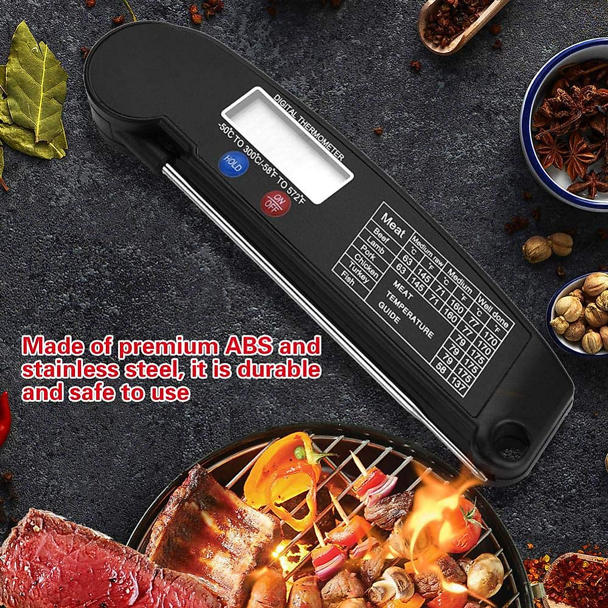 LCD Digital Food Meat Thermometer with Folding Probe Turkey Fish Beef Taste Selectable Kitchen Cooking BBQ Grill Temp Tester(Black)