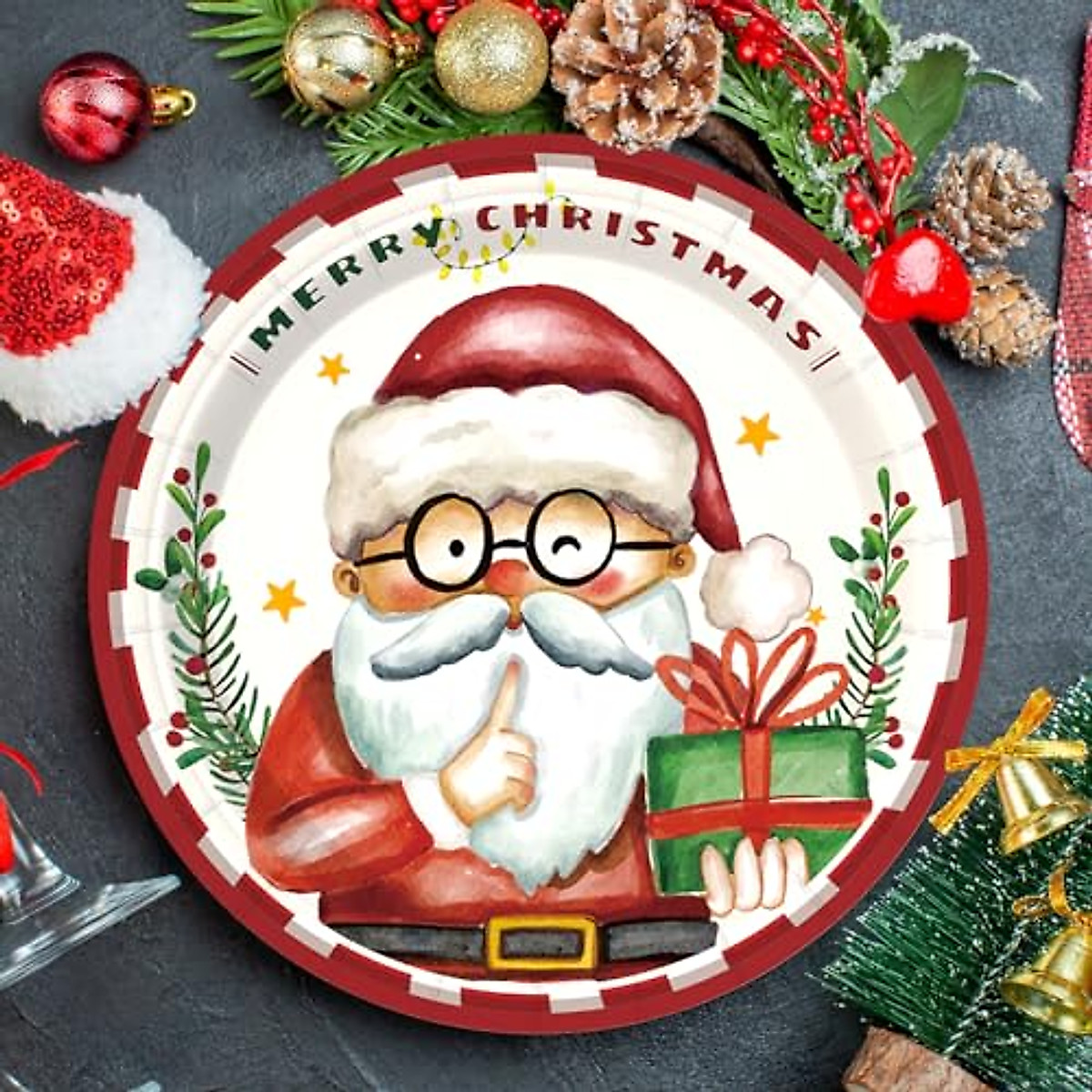 Homlouue 200 PCS Christmas Paper Plates and Napkins, Cute Cartoon Santa Claus Christmas Party Supplies, Christmas Disposable Dinnerware Set, Watercolor Holiday Party Plates for Christmas Serves 50
