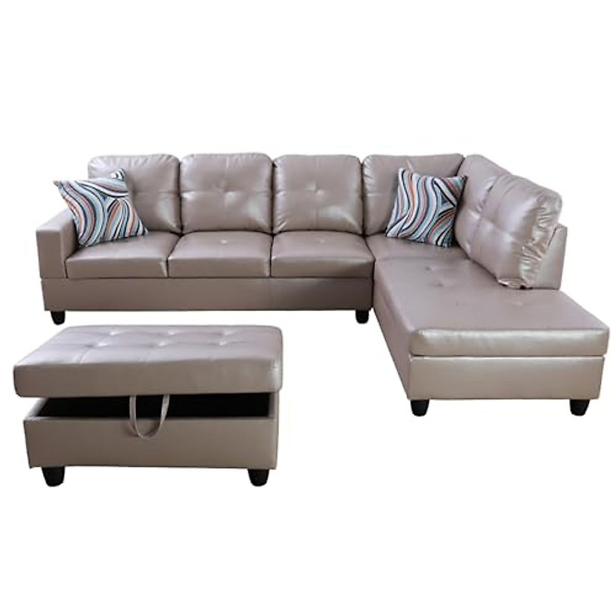 NOTOP 3-Piece Faux Leather L-Shaped Sectional Sofas, Button Tufted Upholstered Couch Set with Right Chaise Longue and Storage Ottoman, for Living Room, Home, Office, Latte